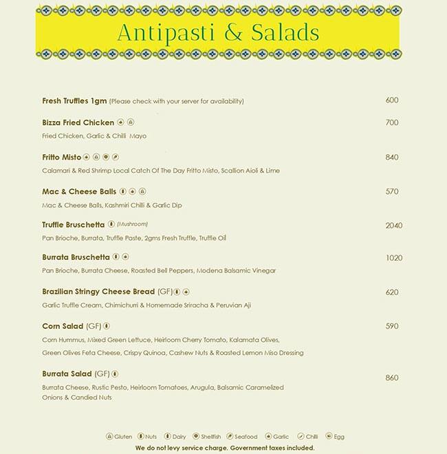 Menu of Bizza, Linking Road, Bandra West, Mumbai