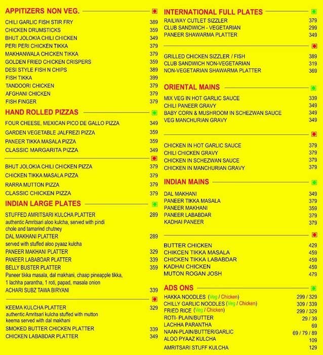 Menu of QD's Restaurant, Satyaniketan, New Delhi