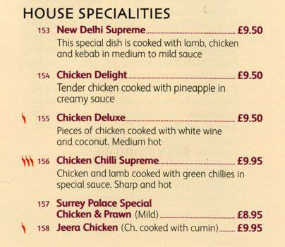 Menu at Surrey Palace restaurant, Epsom, 181 Kingston Rd