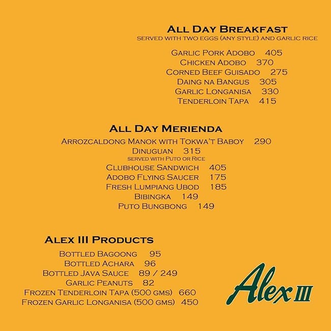 Menu at Alex III restaurant, San Juan, Wilson