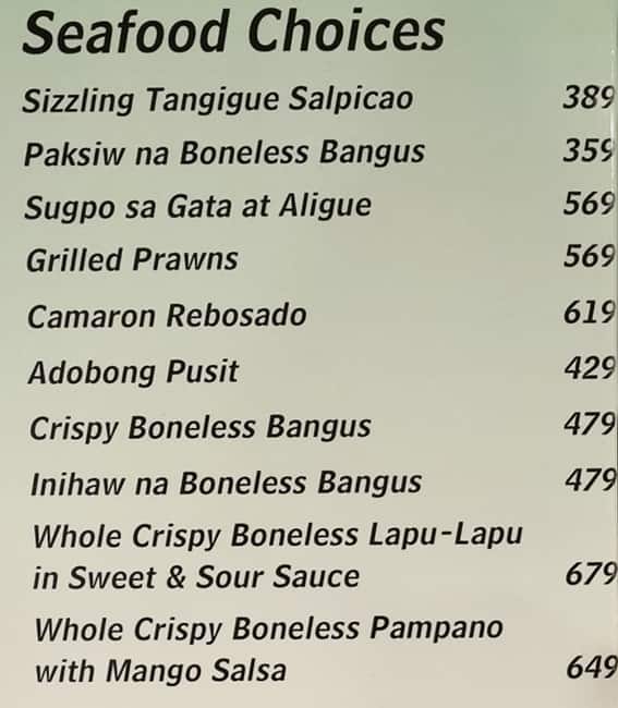 Menu at Alex III restaurant, San Juan, Wilson