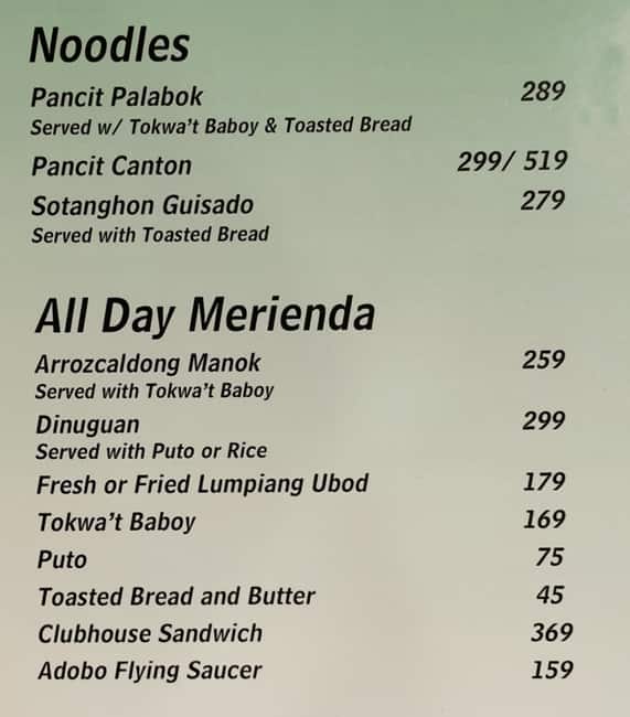 Menu at Alex III restaurant, San Juan, Wilson