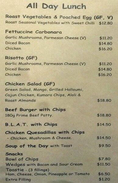 Menu at Hamic cafe, Auckland