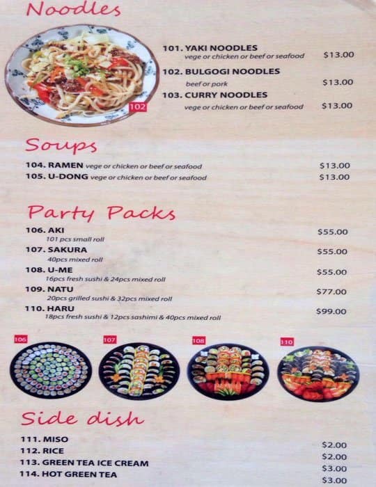 Menu at Moon's Fresh Sushi restaurant, Dulwich Hill