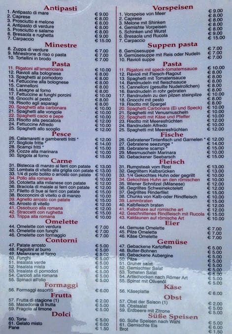 Menu at Hostaria Trevi pizzeria, Rome