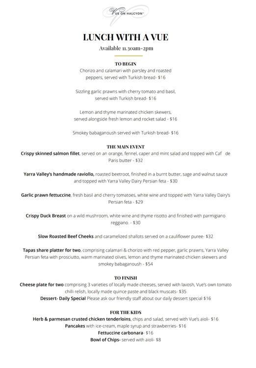 Menu at Vue on Halcyon cafe, Chirnside Park, 19 Uplands Rd
