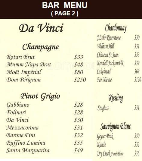 Menu at Da Vinci Ristorante Italiano pub & bar, Katy