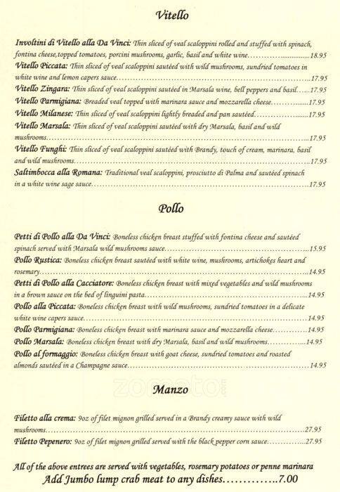 Menu at Da Vinci Ristorante Italiano pub & bar, Katy
