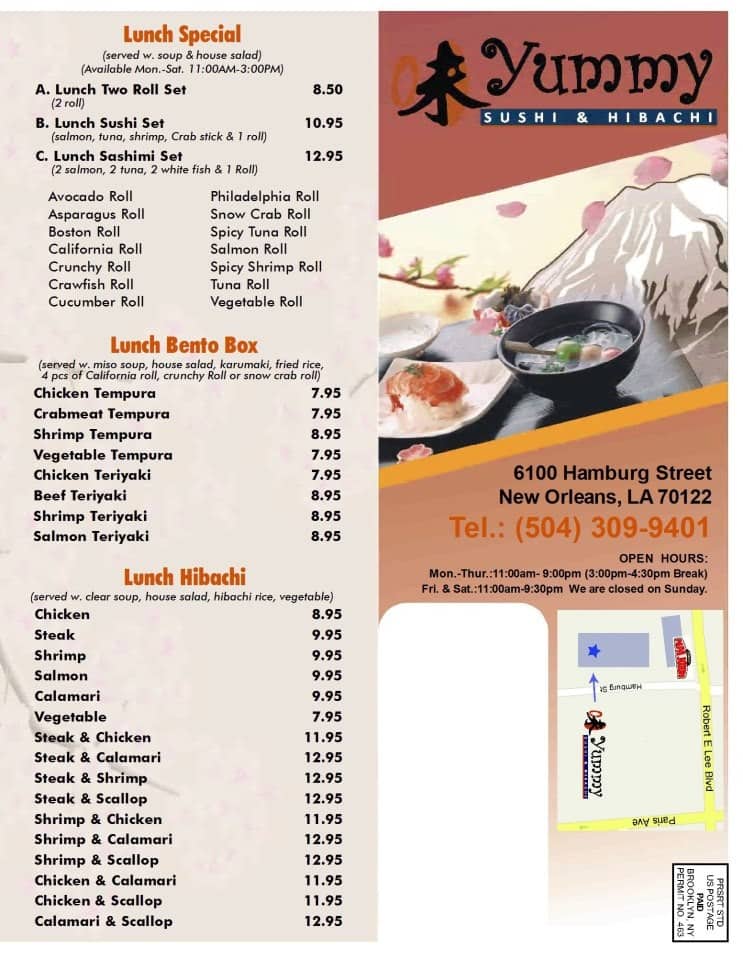 Menu at Yummy Sushi restaurant, New Orleans