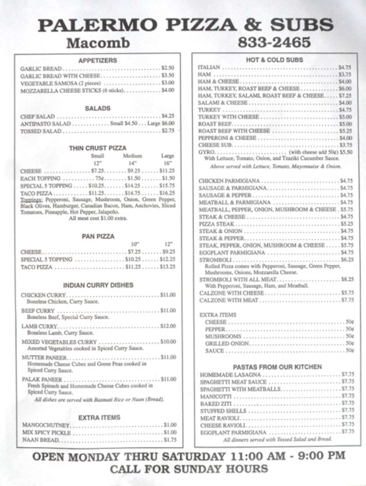 Menu at Palermo Pizza & Subs pizzeria, Macomb