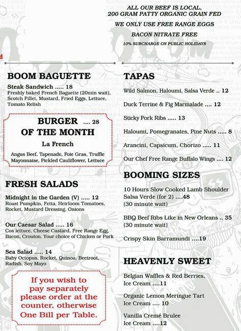 Menu at Boom Boom Burger Bar, Surfers Paradise, 7-9 Burra St