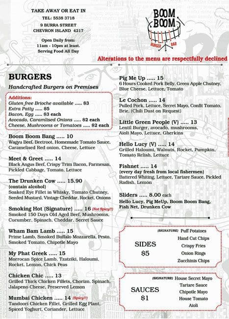 Menu at Boom Boom Burger Bar, Surfers Paradise, 7-9 Burra St