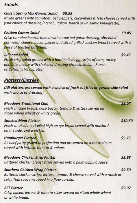 Menu at The Meadows Restaurant - The Meadows Golf & Country Club, Ottawa