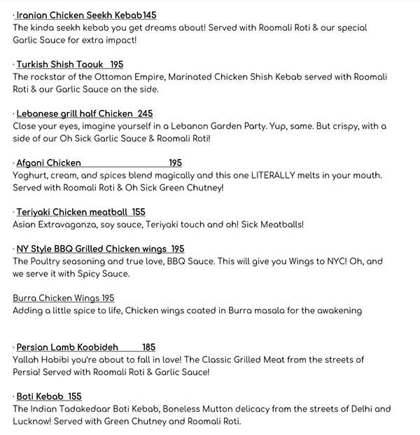 Menu of Oh Sick Kebab, Vikhroli, Mumbai