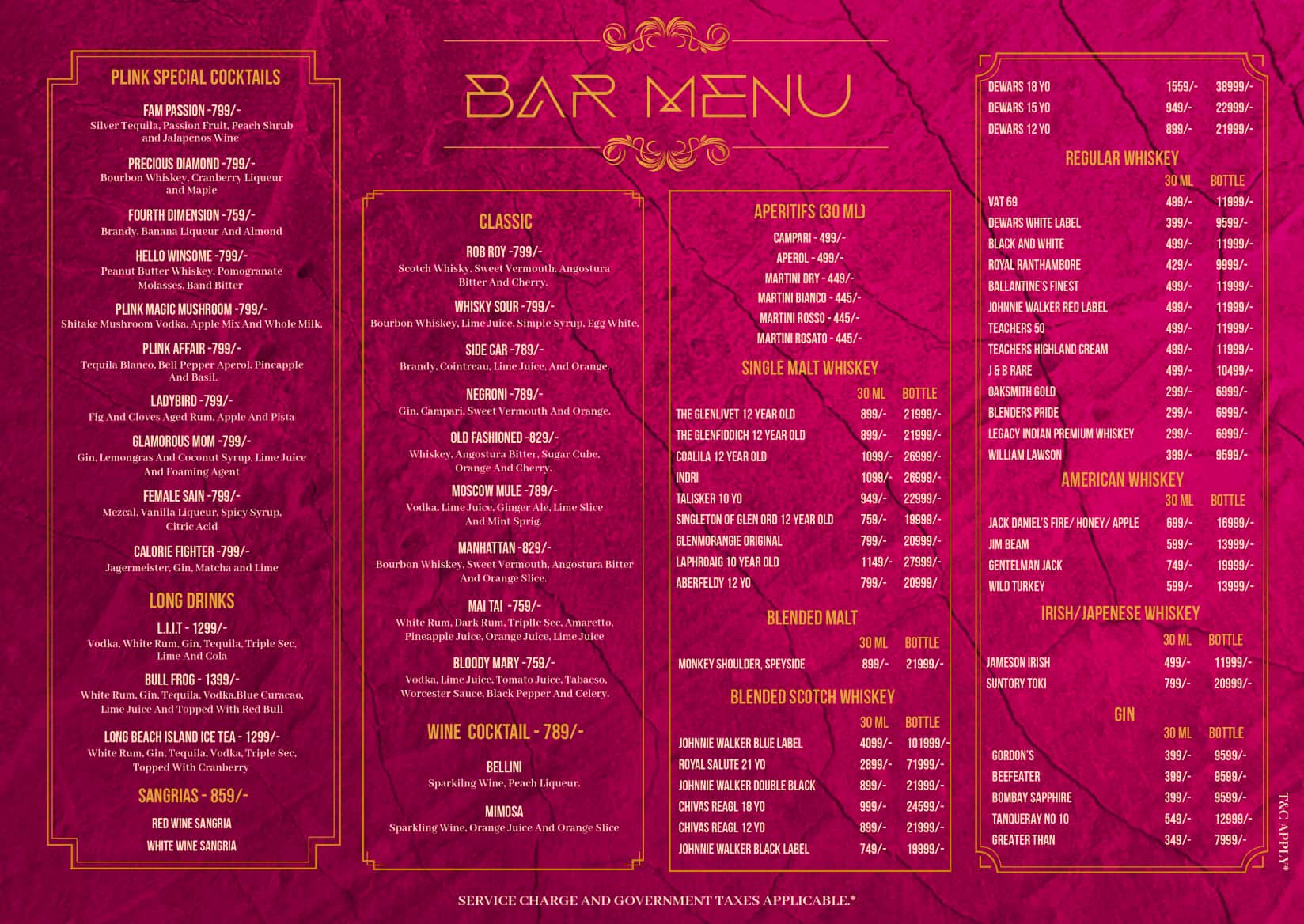 Menu of Plink, Yerawada, Pune