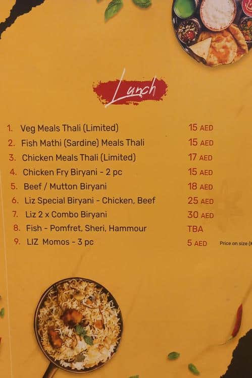 Menu of Liz Restaurant, Al Karama, Dubai