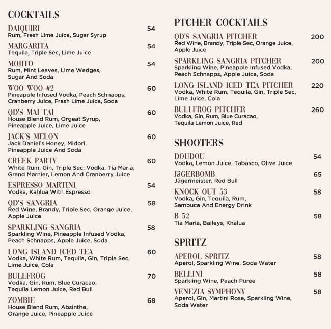 Menu at QD's restaurant, Dubai, Dubai Creek Resort