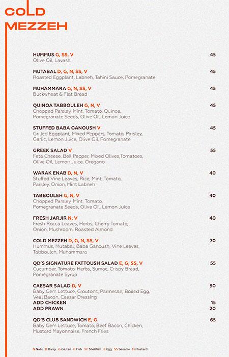 Menu of QD's, Al Garhoud, Dubai