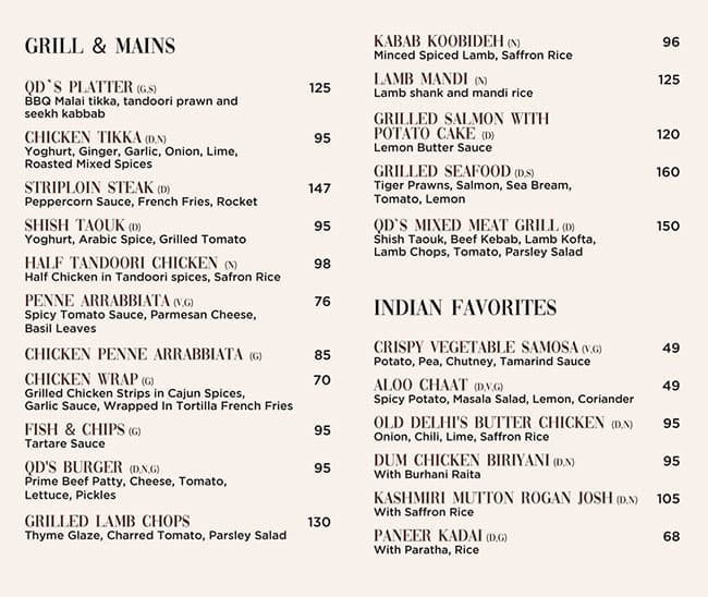 Menu at QD's restaurant, Dubai, Dubai Creek Resort