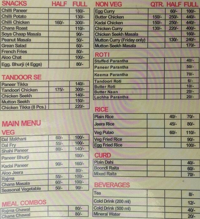 Menu at AG's, Delhi