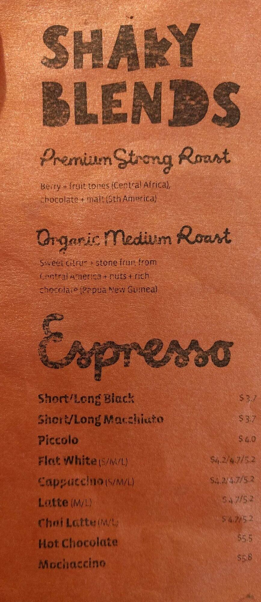 Menu at Shaky Isles Coffee Co cafe, Auckland, 492 New N Rd