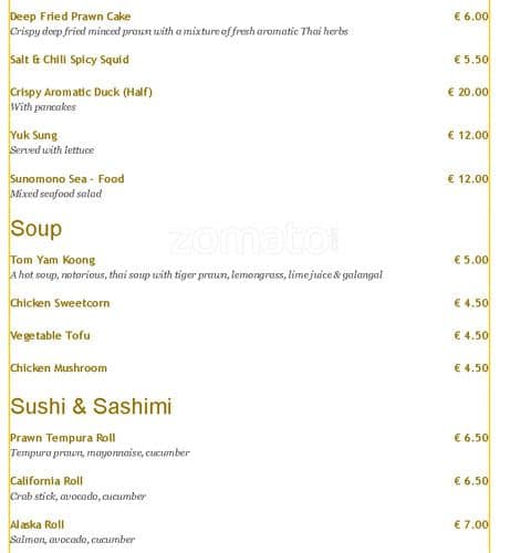 Menu at Chai-Yo restaurant, Dublin