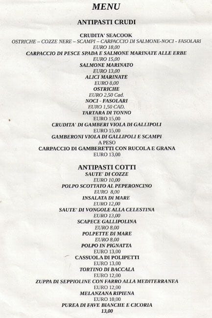 Seacook a Roma: Foto del Menu con Prezzi - Zomato Italia