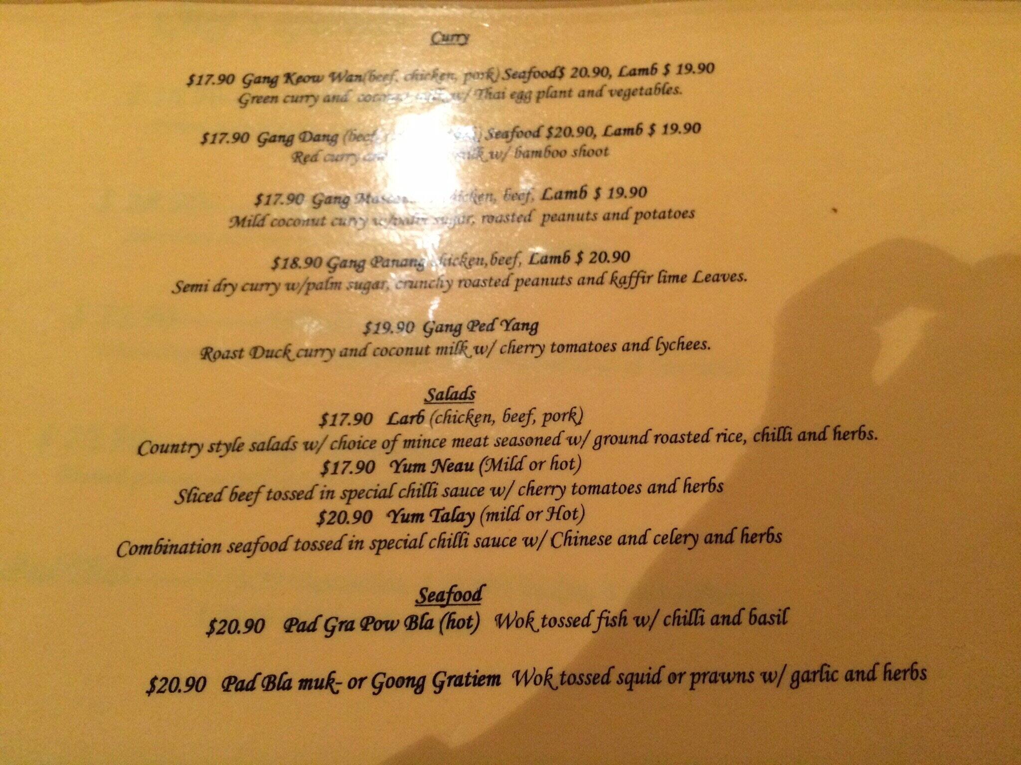 Menu at No. 8 Thai restaurant, Griffith
