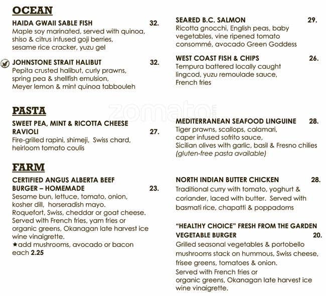 Menu at Cascades Lounge @ the Pan Pacific Hotel restaurant, Vancouver