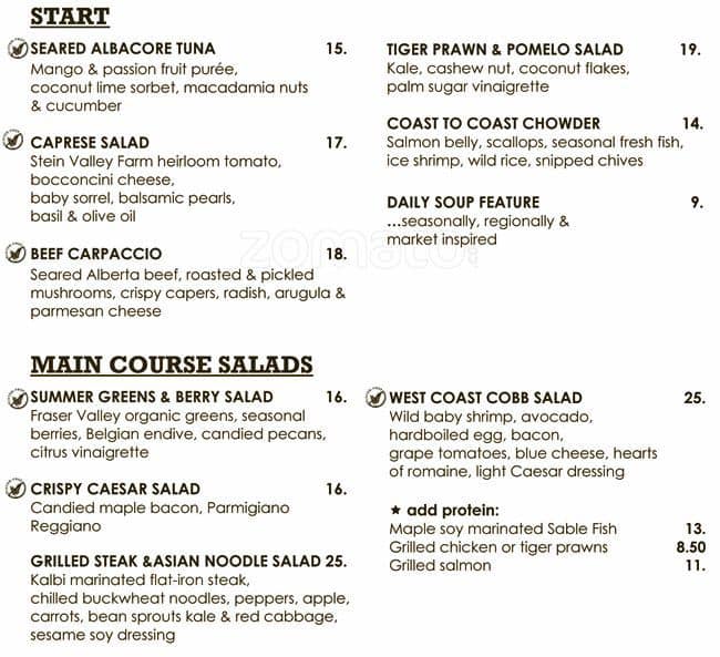 Menu at Cascades Lounge @ the Pan Pacific Hotel restaurant, Vancouver