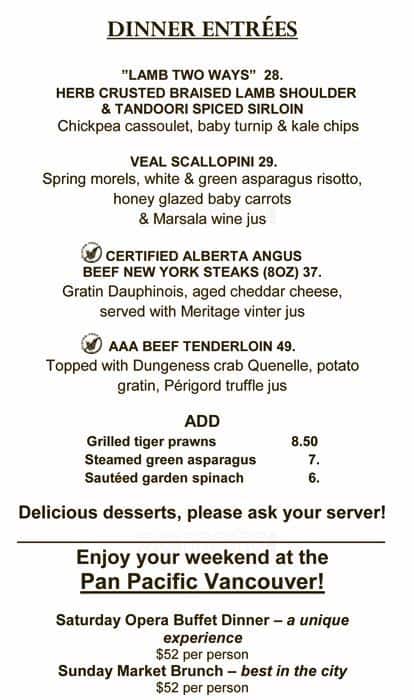 Menu at Cascades Lounge @ the Pan Pacific Hotel restaurant, Vancouver