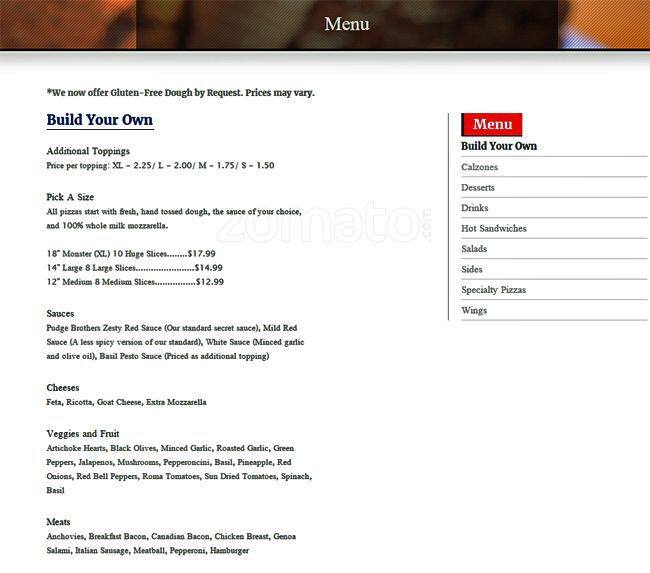 Menu at Pudge Brothers Pizza pizzeria, Seattle