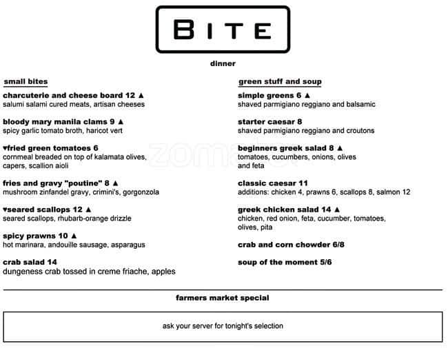 Menu at Bite restaurant, Tacoma