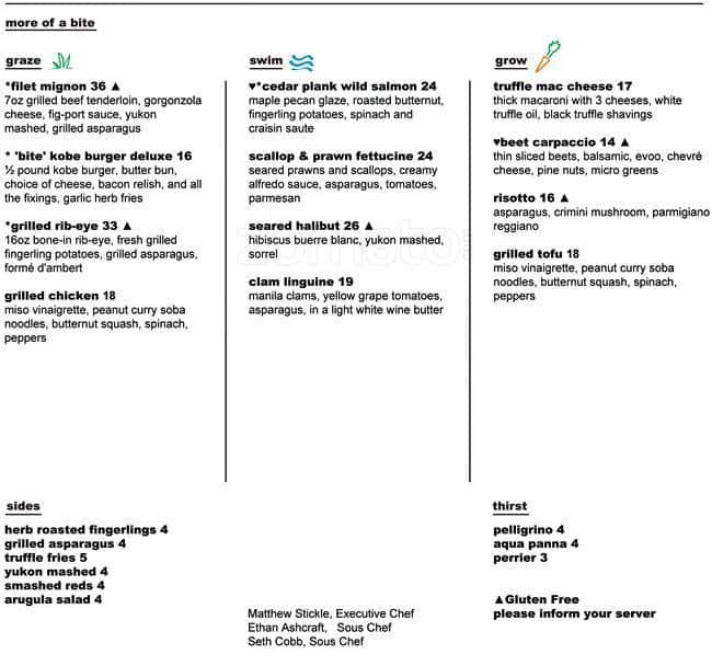 Menu at Bite restaurant, Tacoma