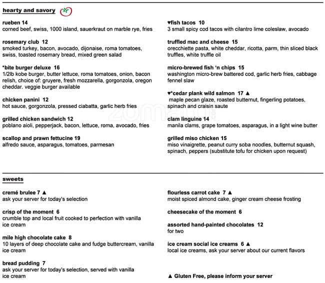 Menu at Bite restaurant, Tacoma