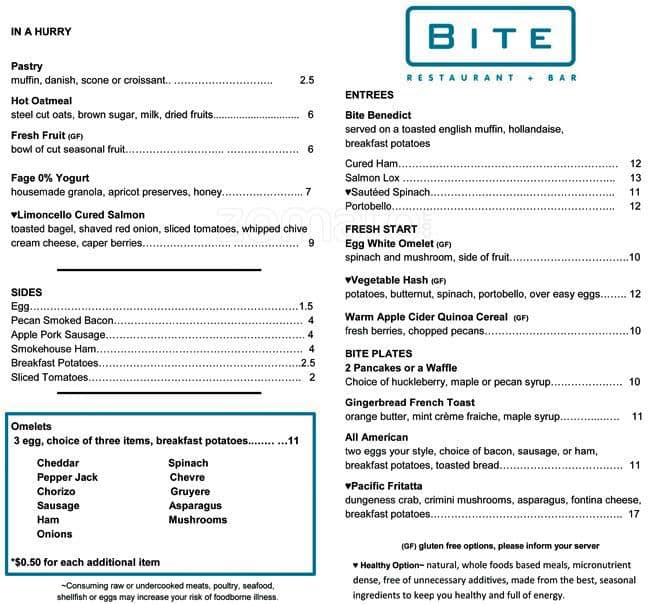 Menu at Bite restaurant, Tacoma