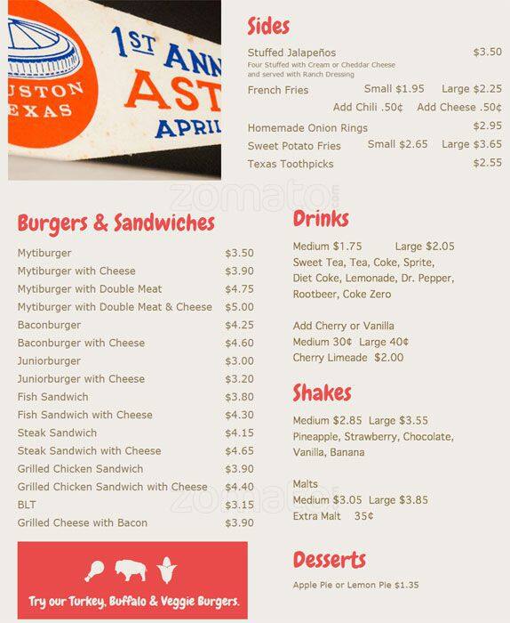 Menu at Mytiburger fast food, Houston, Kempwood Dr