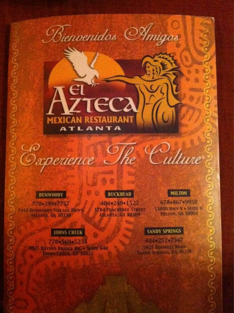 Carta del pub y bar El Azteca, Atlanta, Dunwoody Village Pkwy