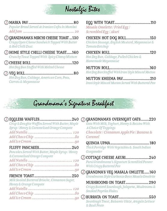 Menu of Grandmama's Cafe, Juhu, Mumbai