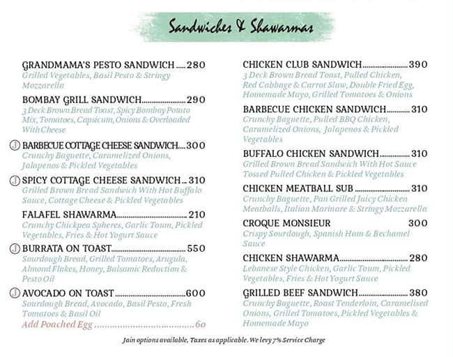 Menu at Grandmama's Cafe Juhu, Mumbai