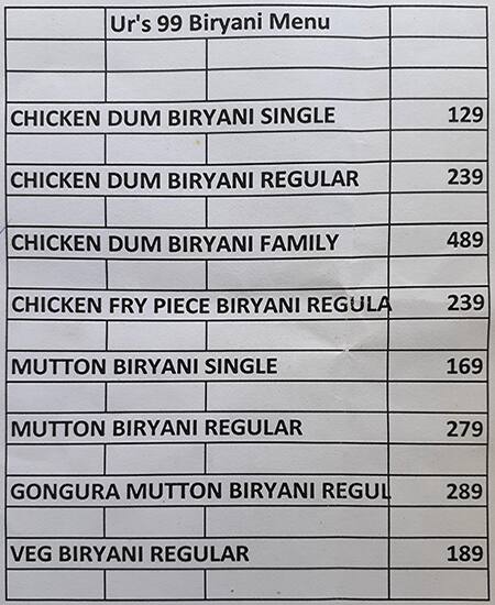 Menu of Ur's 99biryani, Miyapur, Hyderabad