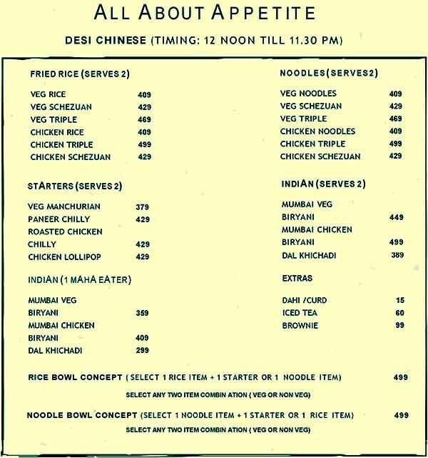 Menu of All About Appetite, Malad West, Mumbai