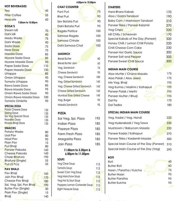 Menu of Sai Veg World Xpress, Malad West, Mumbai
