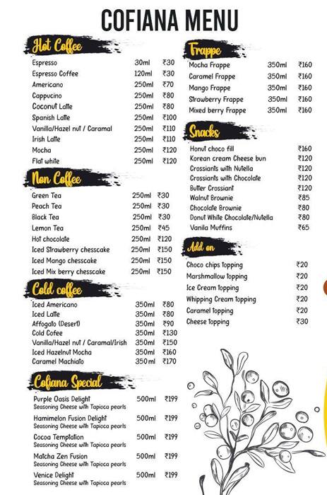 Menu of Cofiana, Anna Nagar West, Chennai