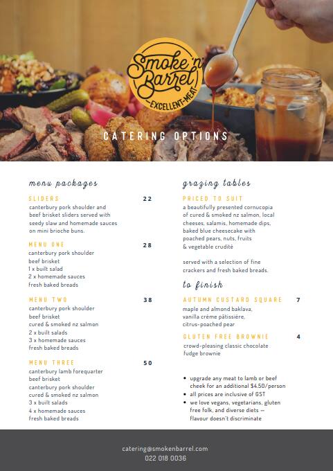 Menu at Smoke 'n' Barrel, Christchurch, 616 Ferry Rd