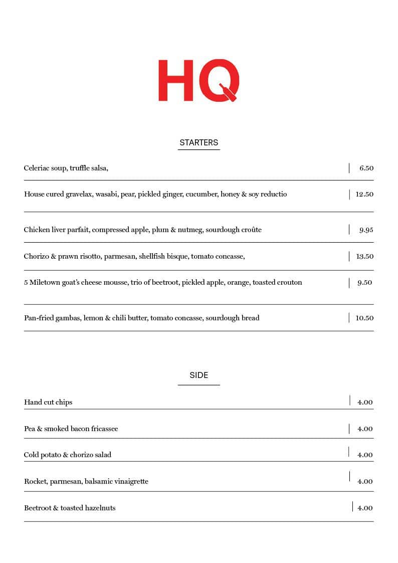 Menu at HQ Gastrobar, Dublin