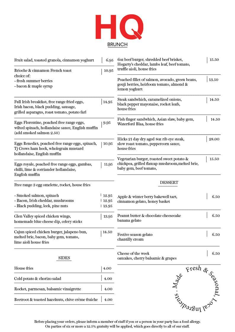 Menu at HQ Gastrobar, Dublin