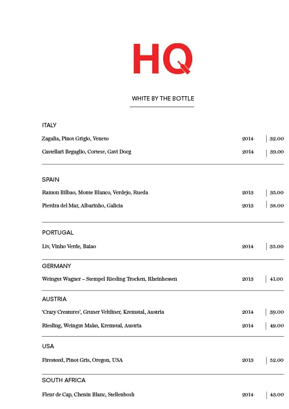 Menu at HQ Gastrobar, Dublin