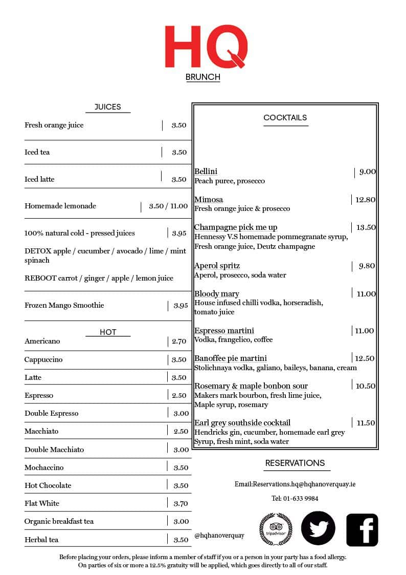 Menu at HQ Gastrobar, Dublin