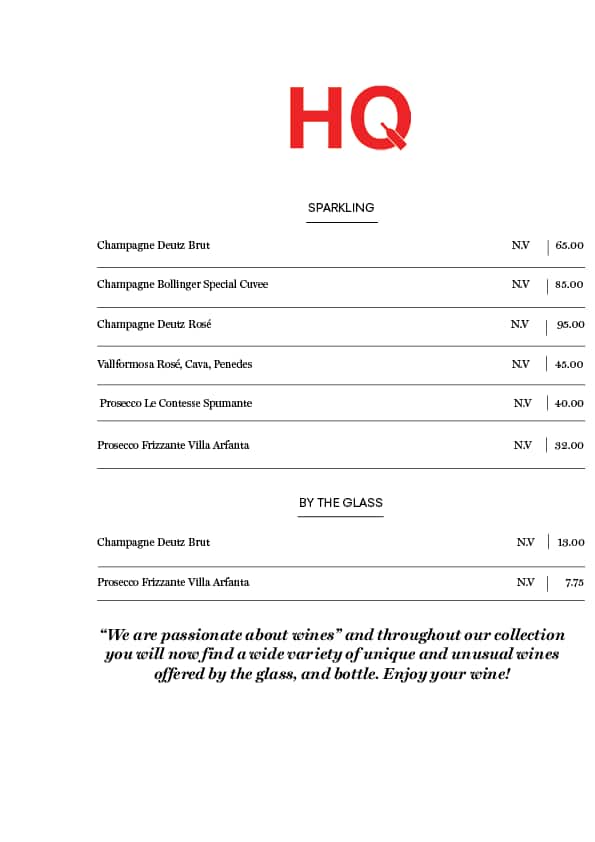 Menu at HQ Gastrobar, Dublin